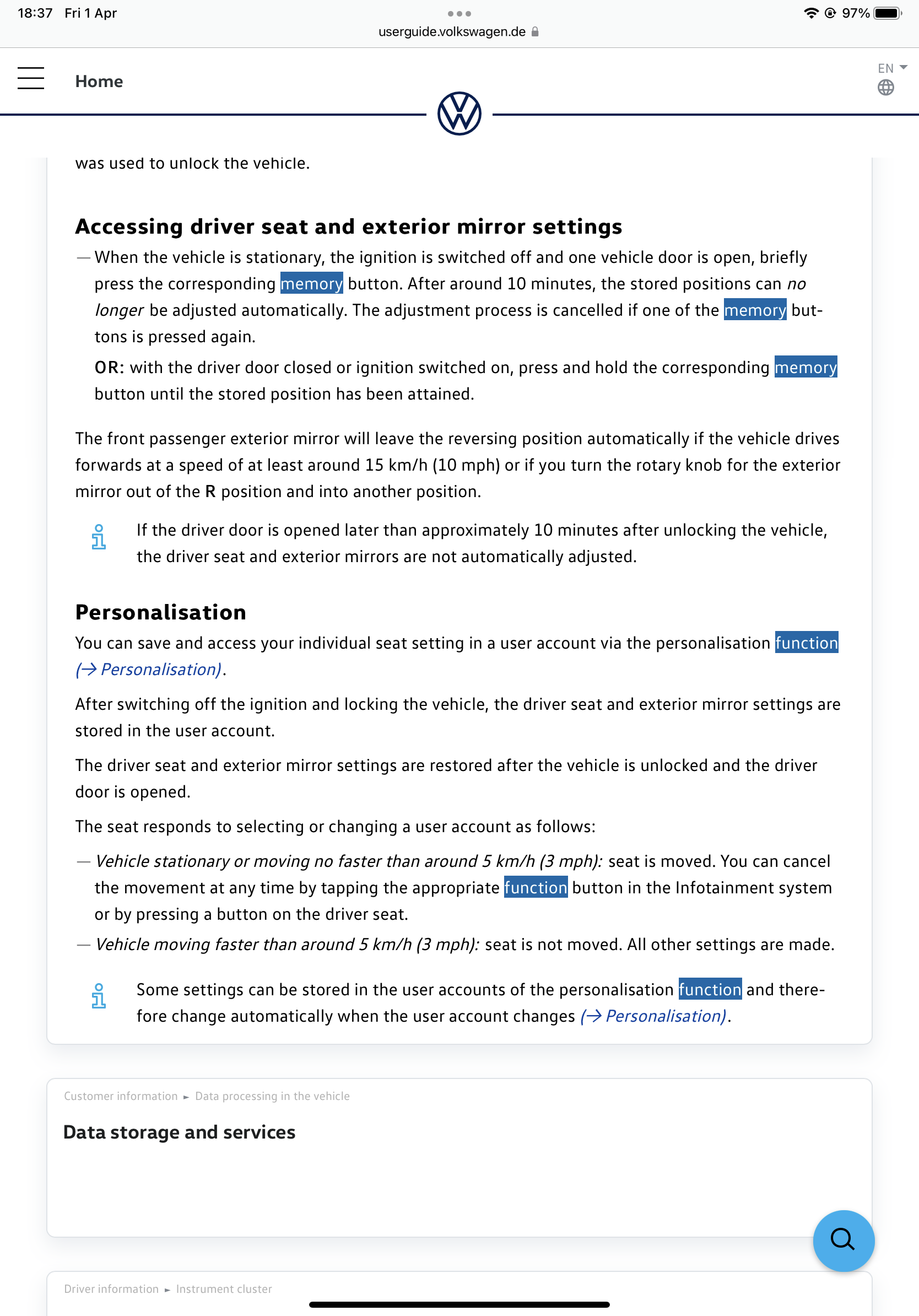 Drivers memory seat - who has it? - VW Golf R MK7 Chat - VWROC - VW R ...